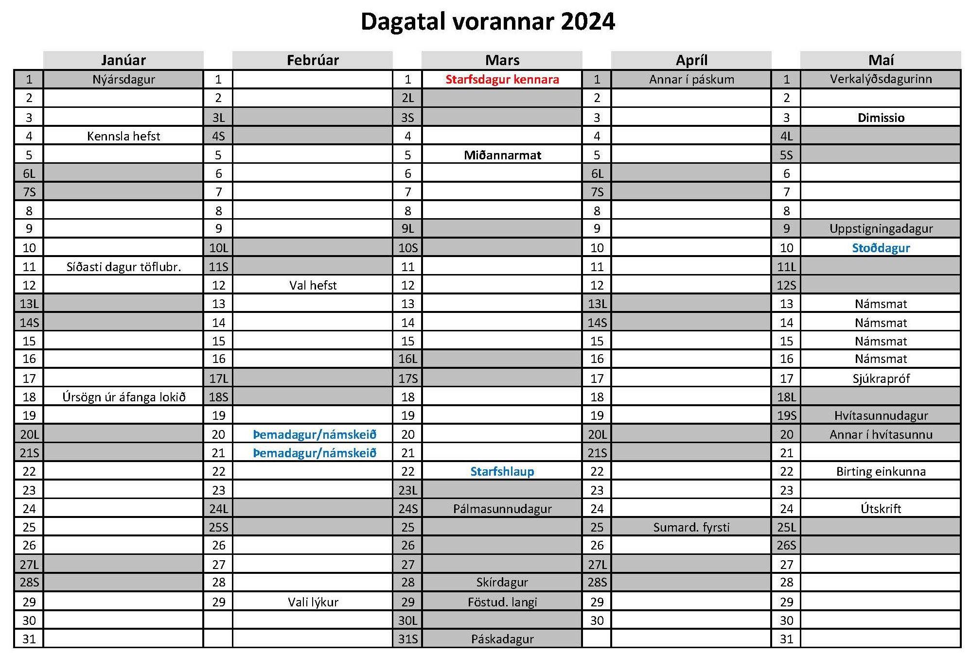 Skóladagatal | Fjölbrautaskóli Suðurnesja